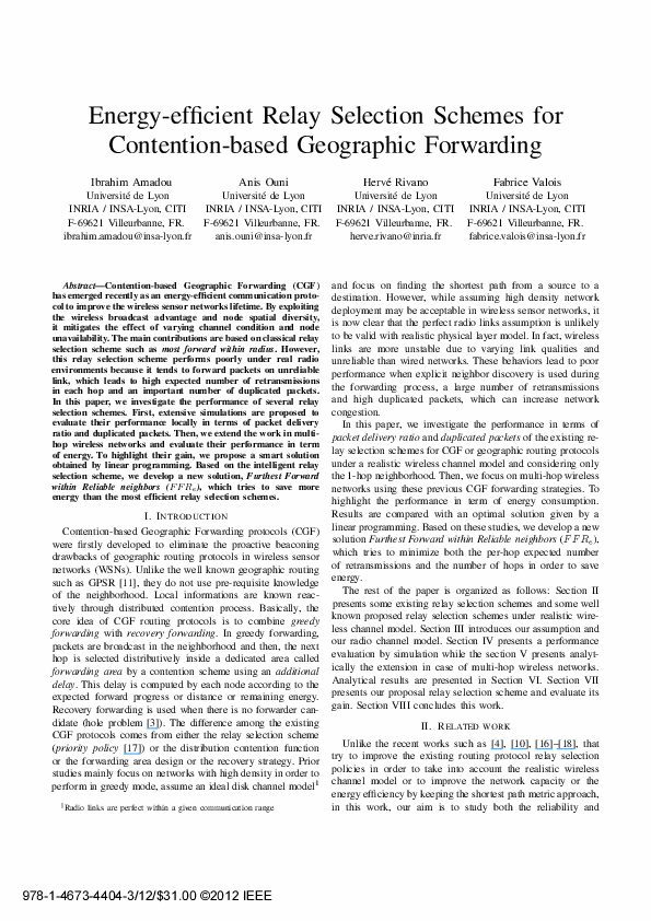 Pdf Energy Efficient Relay Selection Schemes For Contention Based Geographic Forwarding