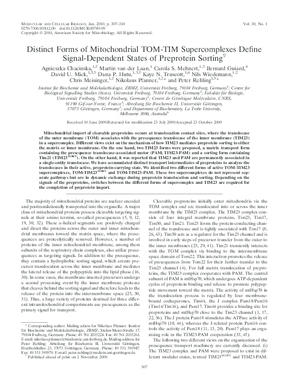(PDF) Distinct forms of mitochondrial TOM-TIM supercomplexes define ...