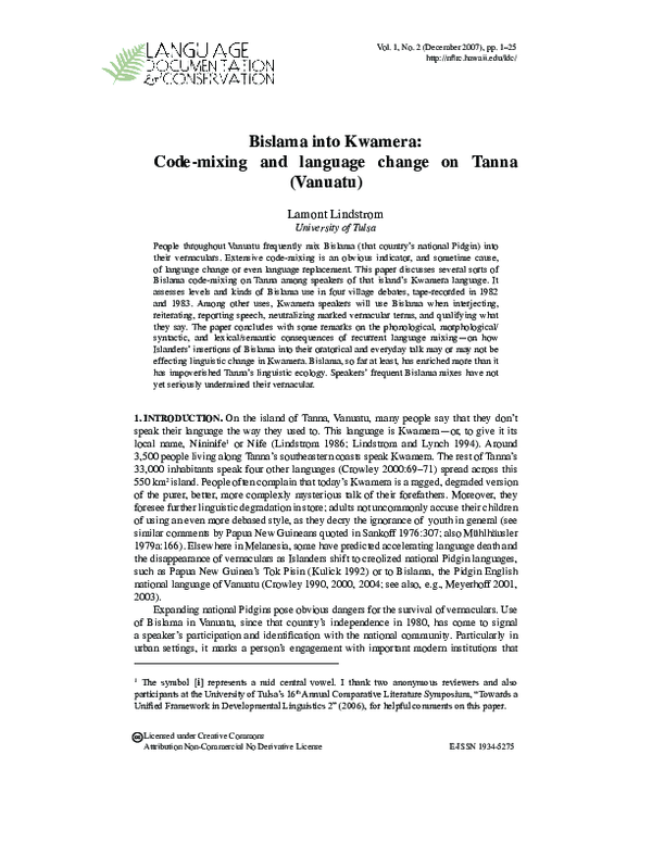 (PDF) Bislama into Kwamera: Code-mixing and Language Change on Tanna ...