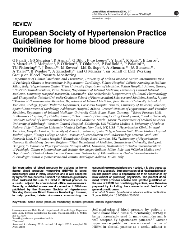 (PDF) European Society of Hypertension Practice Guidelines for home blood pressure monitoring