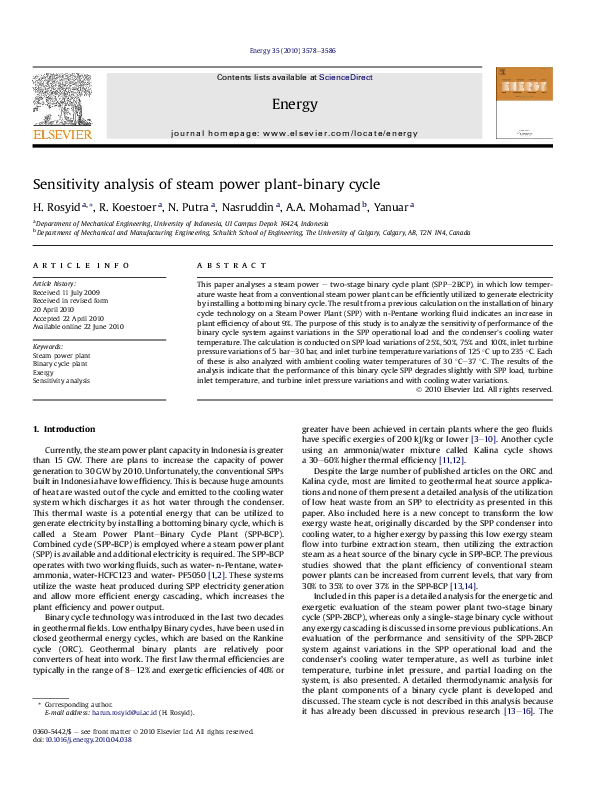(PDF) Sensitivity analysis of steam power plant-binary cycle