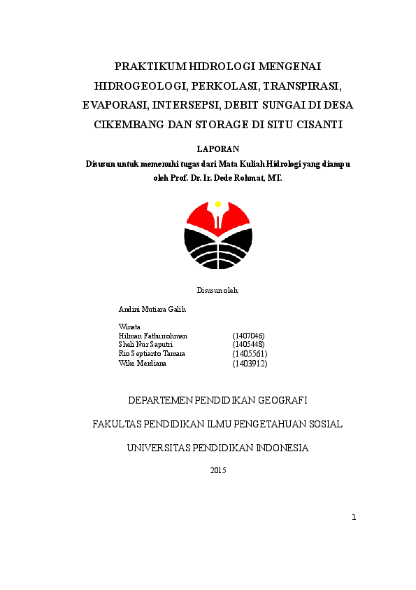 (DOC) LAPORAN PRAKTIKUM HIDROLOGI MENGENAI HIDROGEOLOGI, PERKOLASI ...