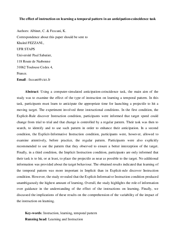 Pdf Instruction In Learning A Temporal Pattern On An Anticipation