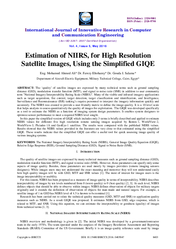 (PDF) Estimation of NIIRS, for High Resolution Satellite Images, Using ...