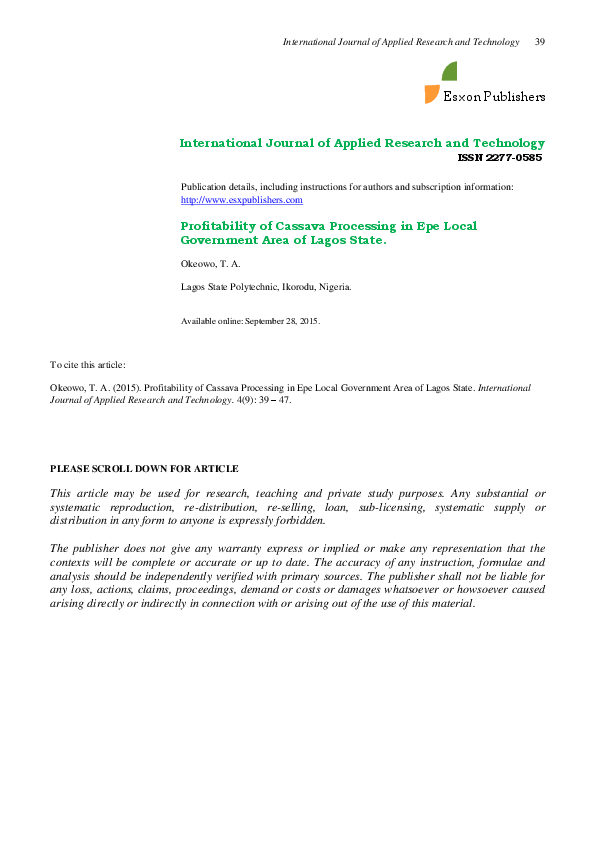 (PDF) Profitability of Cassava Processing in Epe Local Government Area ...