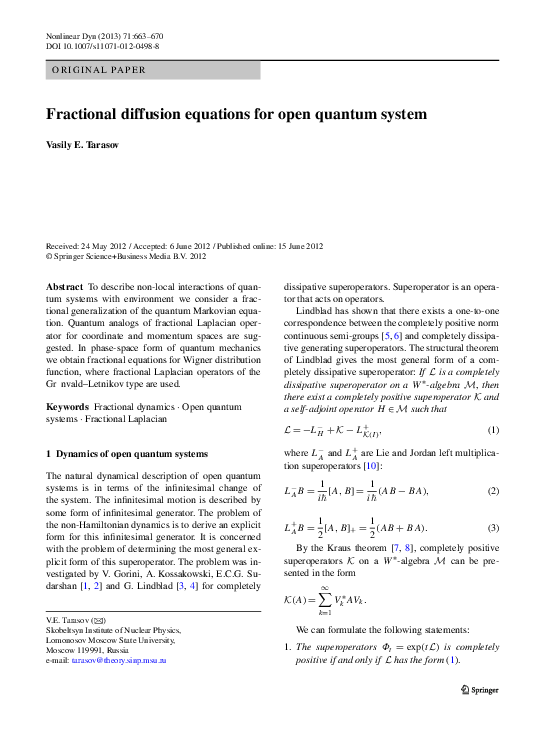 (PDF) Fractional diffusion equations for open quantum system