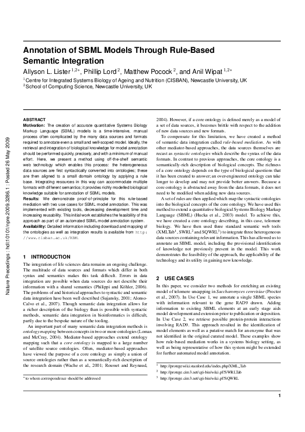 (PDF) Annotation of SBML models through rule-based semantic integration