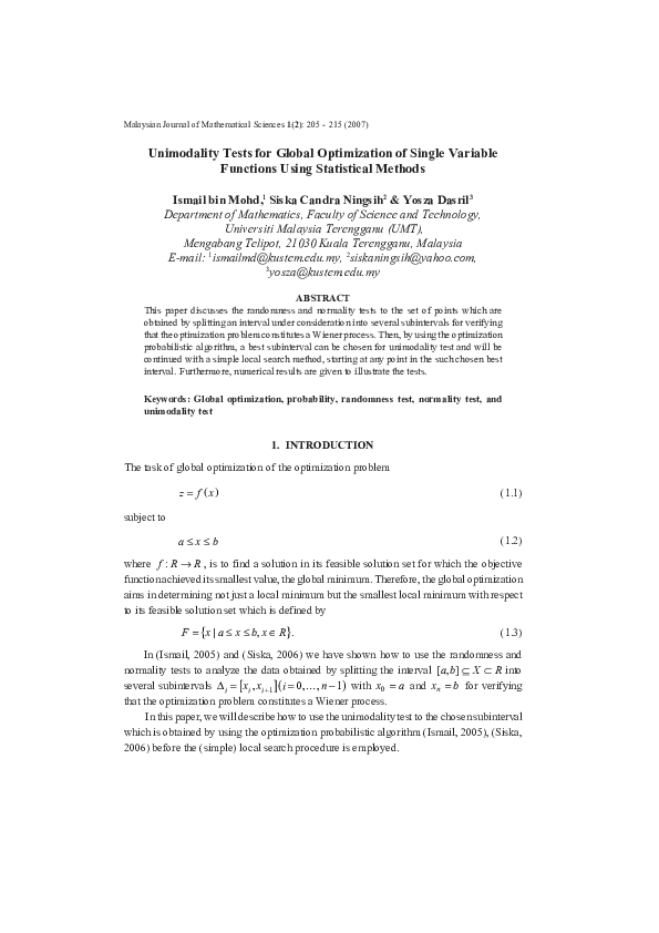Pdf Unimodality Tests For Global Optimization Of Single Variable Functions Using Statistical