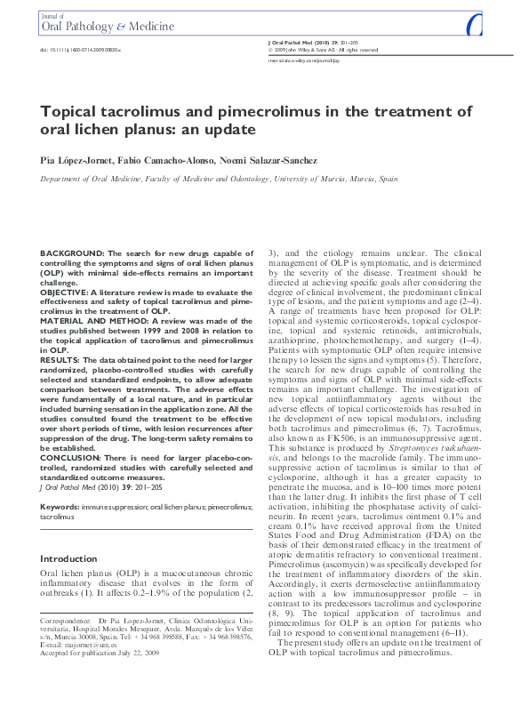 (PDF) Topical tacrolimus and pimecrolimus in the treatment of oral lichen planus: an update