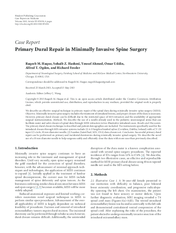 (PDF) Primary Dural Repair in Minimally Invasive Spine Surgery