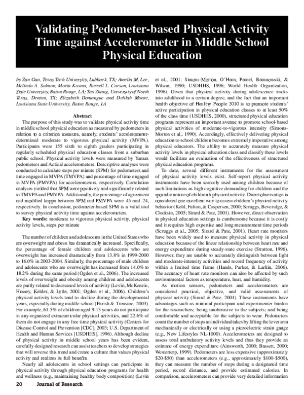 (PDF) Validating Pedometer-based Physical Activity Time against Accelerometer in Middle School ...
