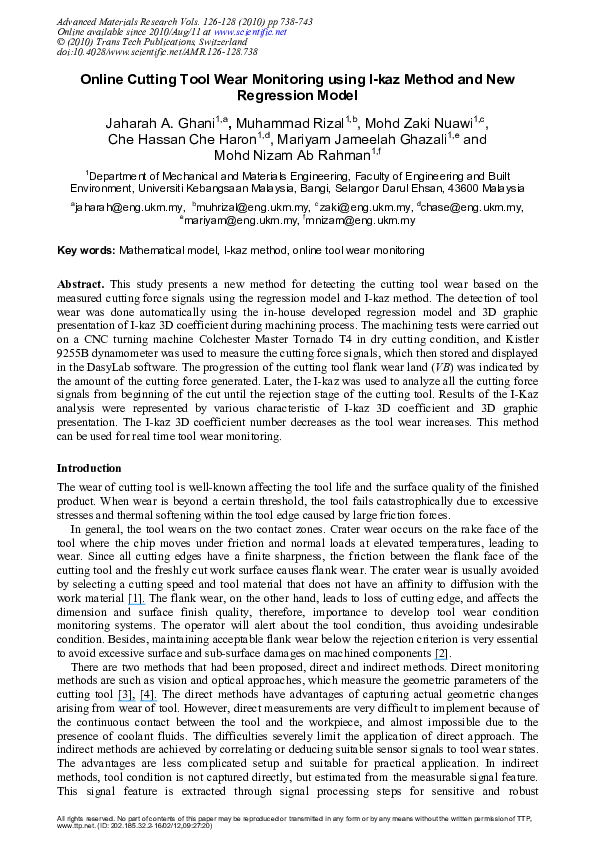 (PDF) Online Cutting Tool Wear Monitoring Using I-Kaz Method and New Regression Model