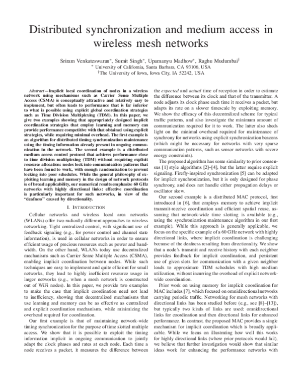(PDF) Distributed synchronization and medium access in wireless mesh networks