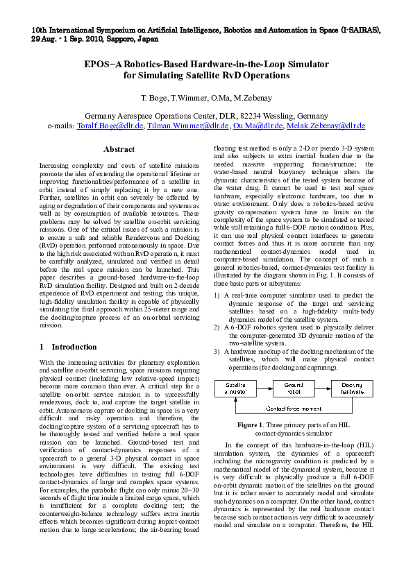 (PDF) EPOS−A Robotics-Based Hardware-in-the-Loop Simulator for Simulating Satellite RvD Operations
