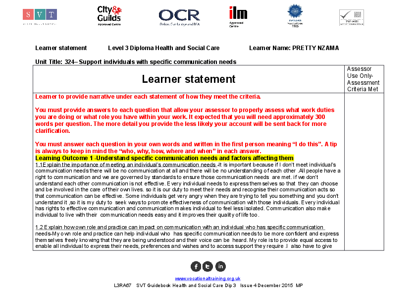 (DOC) Learner statement Level 3 Diploma Health and Social Care Learner ...