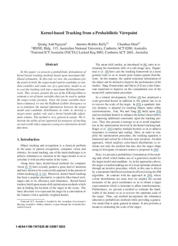 (PDF) Kernel-based Tracking from a Probabilistic Viewpoint