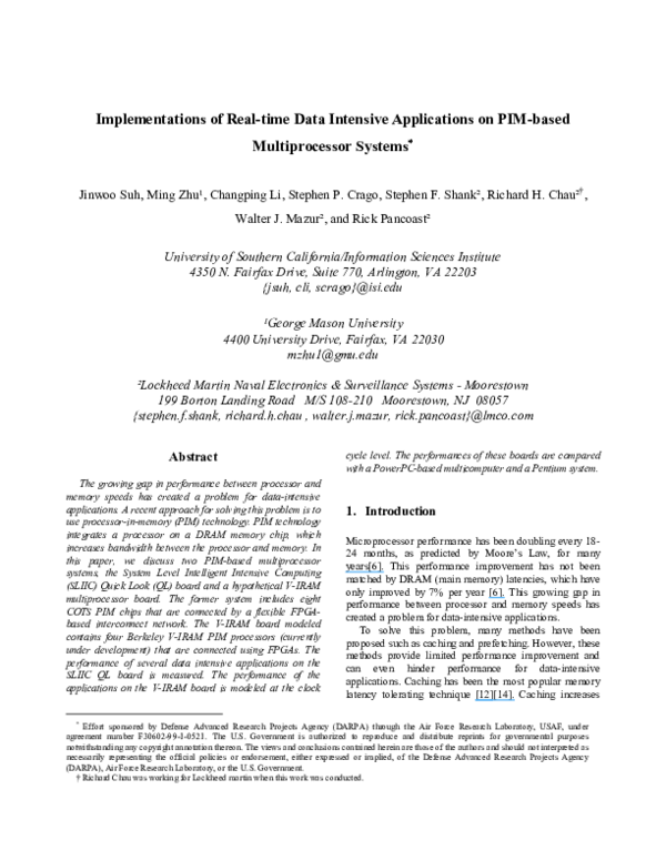 Pdf Implementations Of Real Time Data Intensive Applications On Pim Based