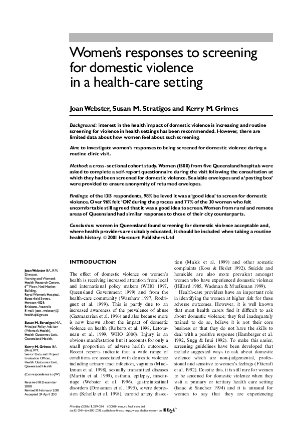(PDF) Women's Acceptance of Domestic Violence Screening in Clinics