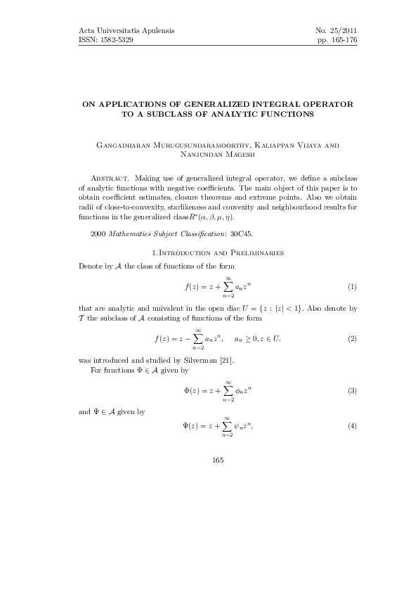 (PDF) On applications of generalized integral operator to a subclass of analytic functions ...