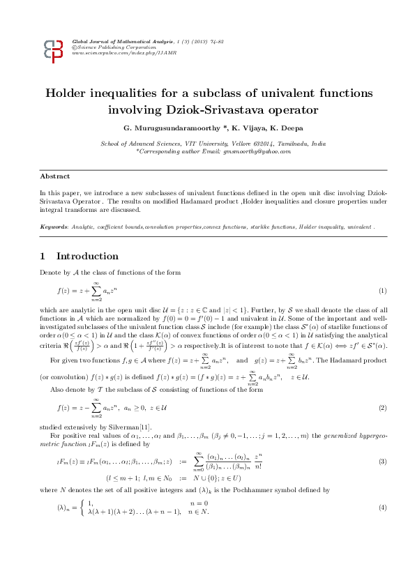 (PDF) Holder Inequalities for a subclass of univalent functions involving Dziok-Srivastava Operator