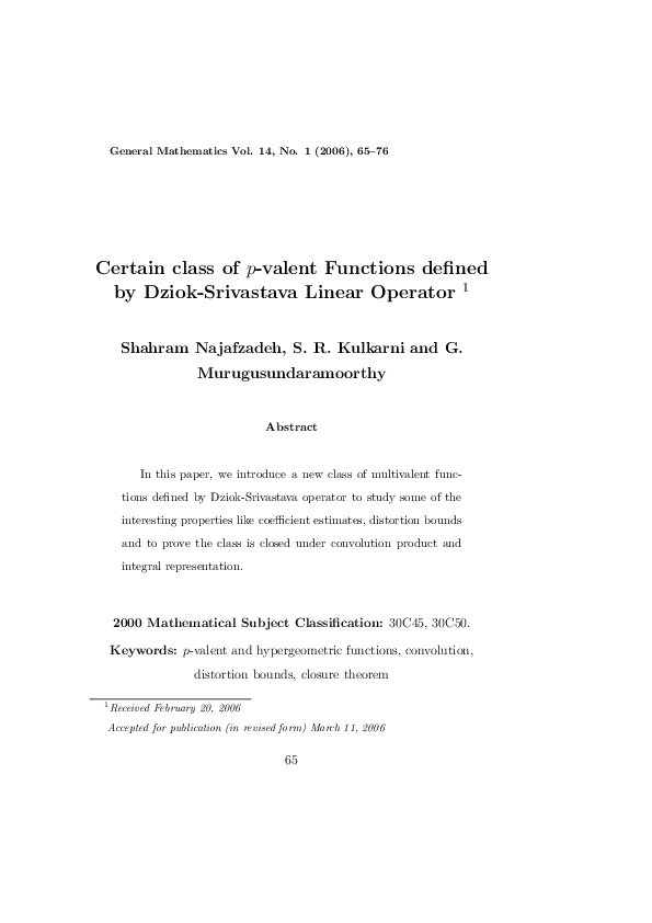 Pdf Certain Class Of P Valent Functions Defined By Dziok Srivastava Linear Operator