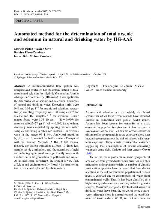 (PDF) Determination of Arsenic and Selenium in Drinking Water by ICP-OES with Continuous Flow ...