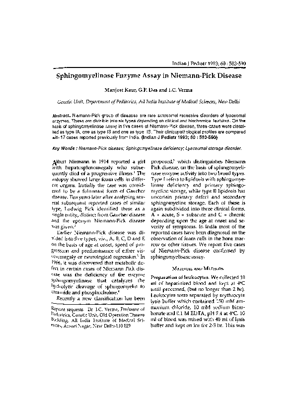 (PDF) Sphingomyelinase enzyme assay in Niemann-Pick disease