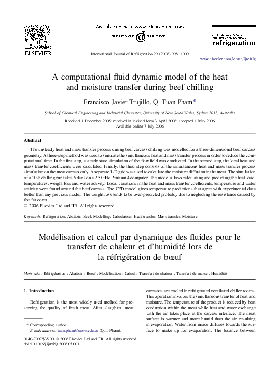 (PDF) A computational fluid dynamic model of the heat and moisture transfer during beef chilling