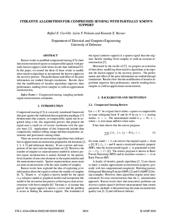 Pdf Iterative Algorithms For Compressed Sensing With Partially Known Support