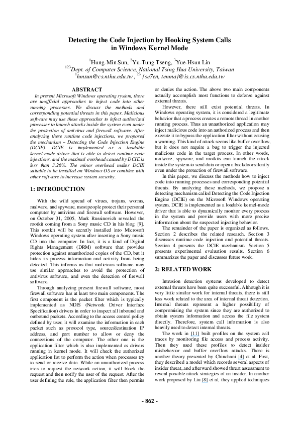 (PDF) Detecting the code injection by hooking system calls in windows kernel mode