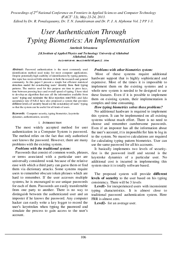 Pdf User Authentication Through Typing Biometrics An Implementation