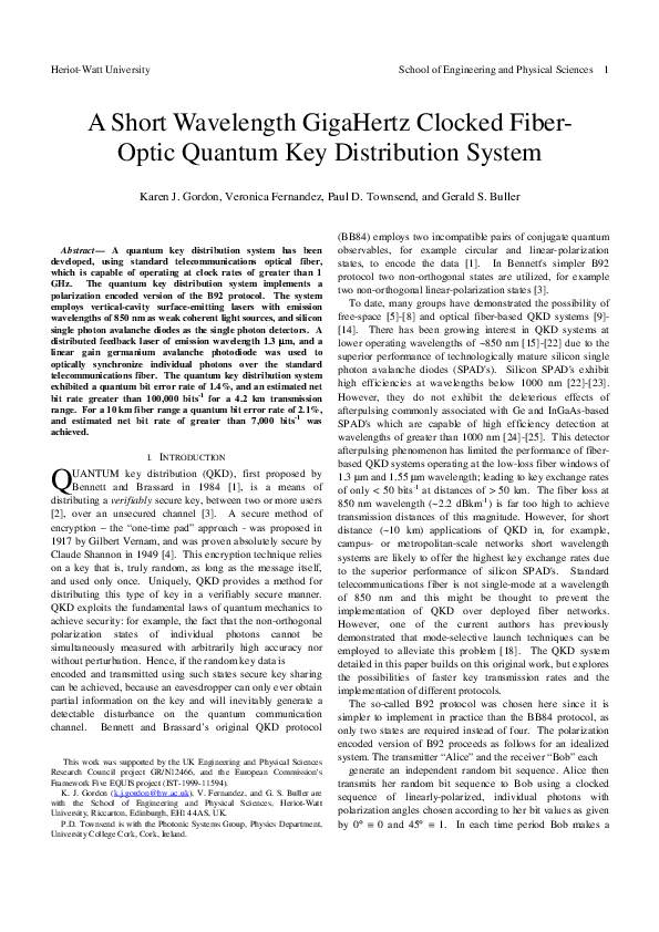 (PDF) A short wavelength GigaHertz clocked fiber-optic quantum key ...