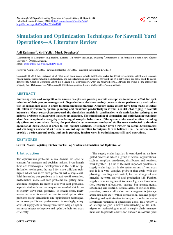 (PDF) Simulation and Optimization Techniques for Sawmill Yard Operations—A Literature Review
