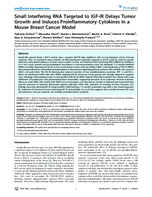 (PDF) Small Interfering RNA Targeted to IGF-IR Delays Tumor Growth and ...