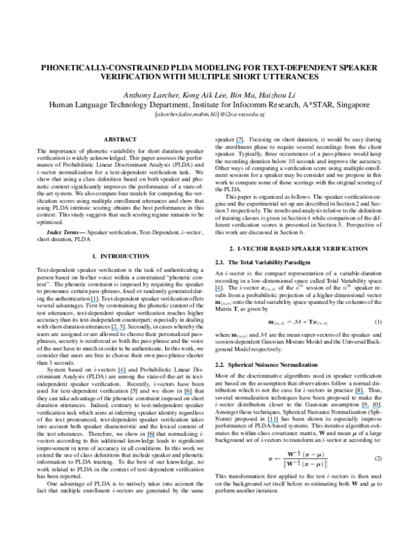 Pdf Phonetically Constrained Plda Modeling For Text Dependent Speaker Verification With 