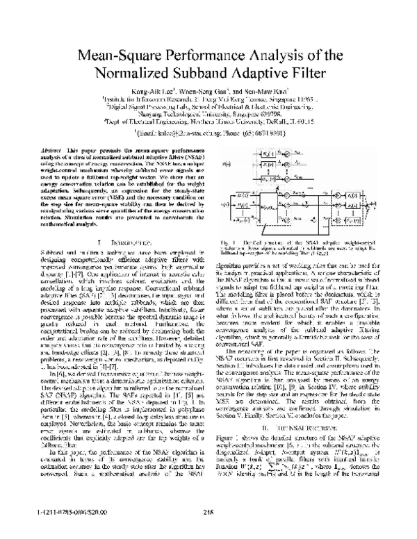 Pdf Mean Square Performance Analysis Of The Normalized Subband Adaptive Filter 