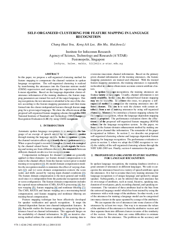 (PDF) Self-Organized Clustering for Feature Mapping in Language Recognition
