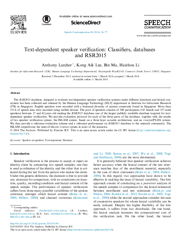 Pdf Text Dependent Speaker Verification Classifiers Databases And