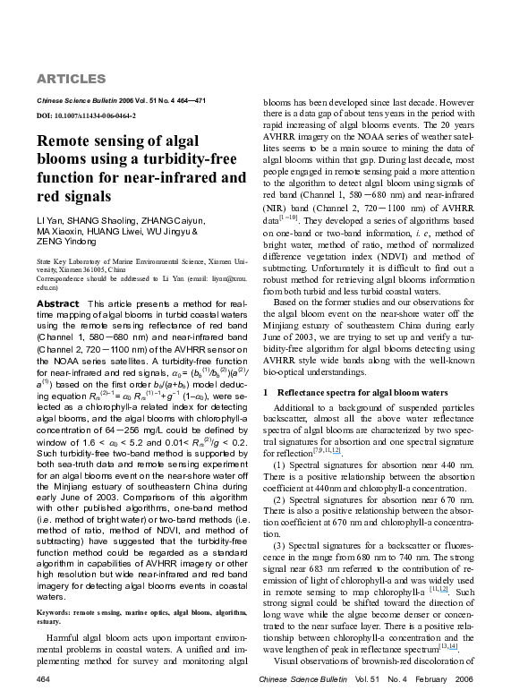(PDF) Remote sensing of algal blooms using a turbidity-free function for near-infrared and red ...