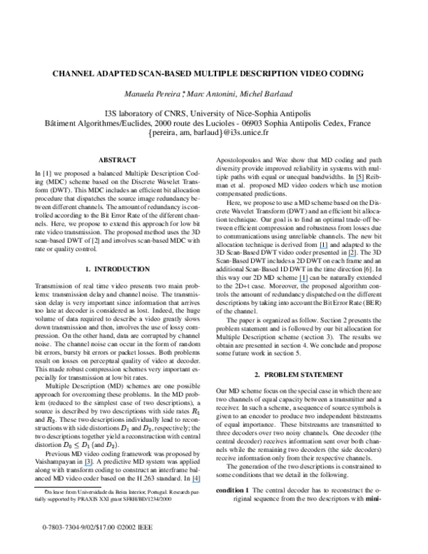 (PDF) Channel adapted scan-based multiple description video coding