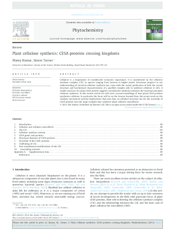 (PDF) Plant cellulose synthesis: CESA proteins crossing kingdoms