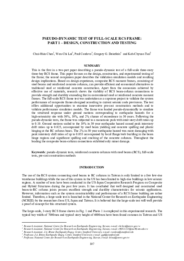 Pdf Pseudo Dynamic Test Of Full Scale Rcs Frame Part I Design
