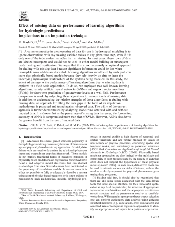 (PDF) Effect of missing data on performance of learning algorithms for hydrologic predictions ...