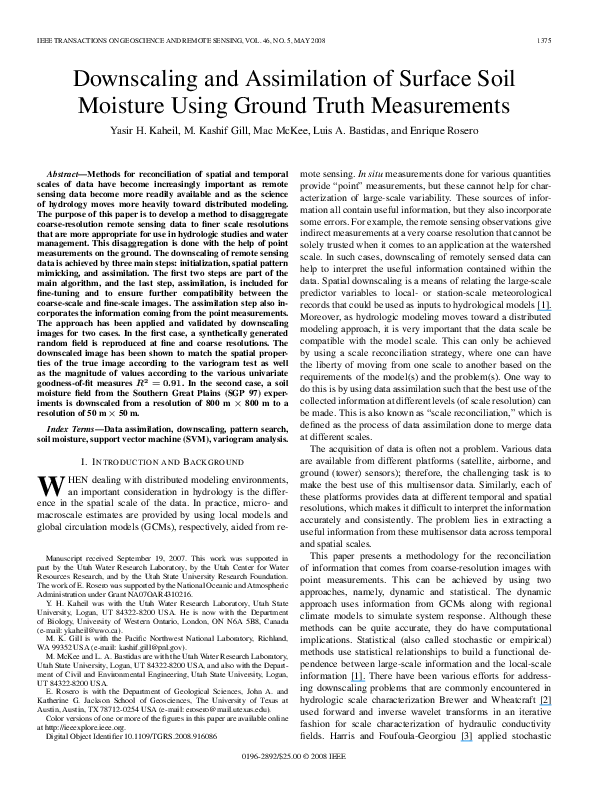(PDF) Downscaling and Assimilation of Surface Soil Moisture Using Ground Truth Measurements