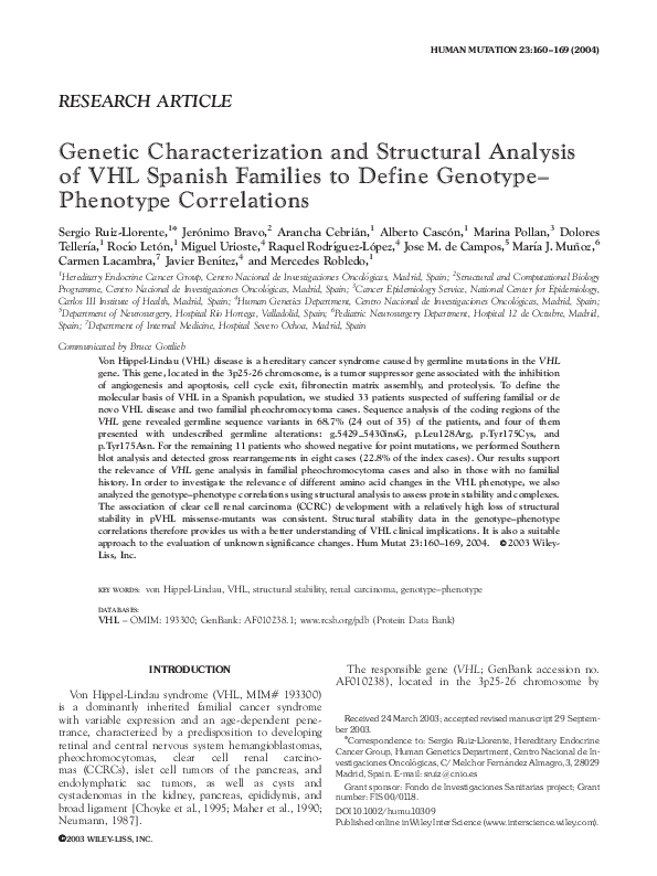 (PDF) Genetic characterization and structural analysis of VHL Spanish ...