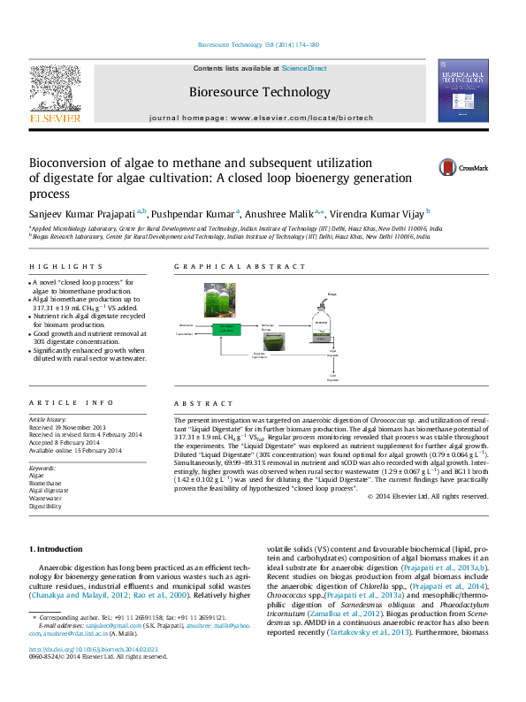 (PDF) Bioconversion of algae to methane and subsequent utilization of digestate for algae ...