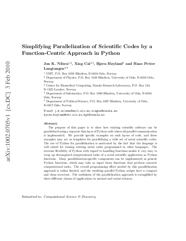 Pdf Simplifying The Parallelization Of Scientific Codes By A Function Centric Approach In Python