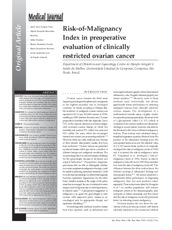 (PDF) Risk-of-Malignancy Index in preoperative evaluation of clinically restricted ovarian cancer