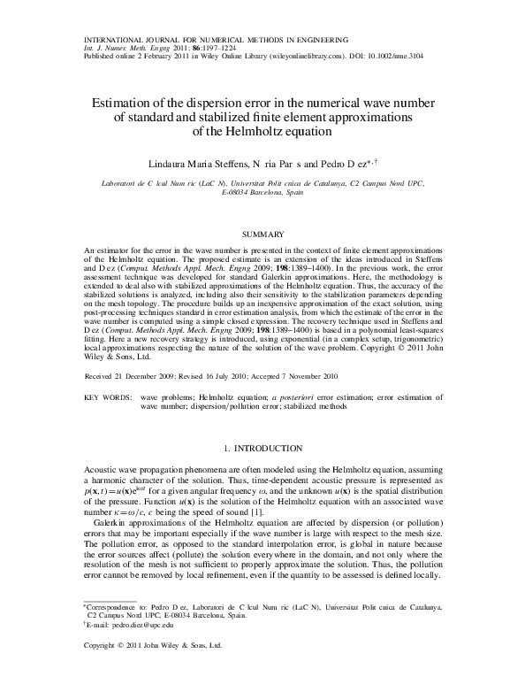 (PDF) Estimation of the dispersion error in the numerical wave number of standard and stabilized ...