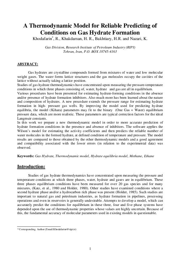 (PDF) A Thermodynamic Model for Reliable Predicting of Conditions on Gas Hydrate Formation